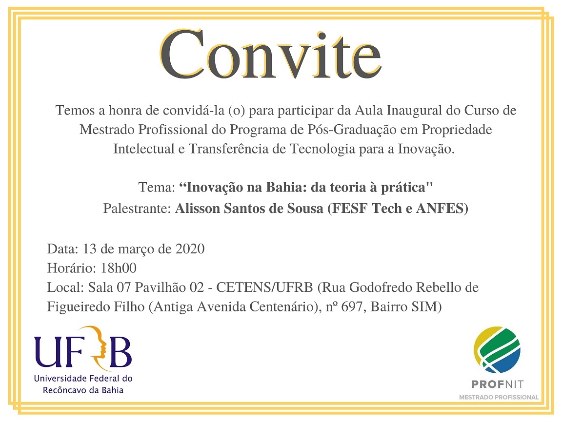 Convite: Aula Inaugural 13/03/2020 Convite: Aula Inaugural 13/03/2020